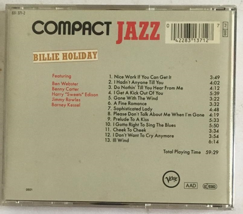 CD BILLIE HOLIDAY Compact Jazz, Ano 1987 - Banca do Rock