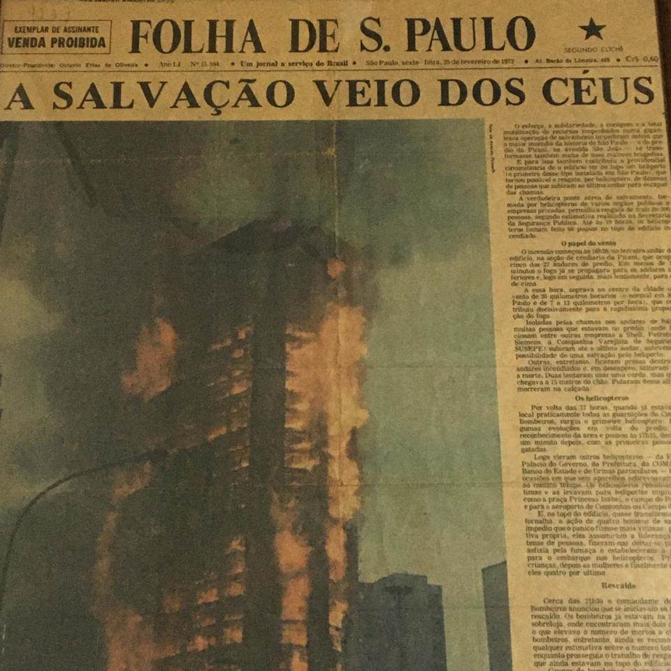 INCÊNDIO DO EDIFÍCIO ANDRAUS Primeira Página do JORNAL FOLHA DE SÃO ...