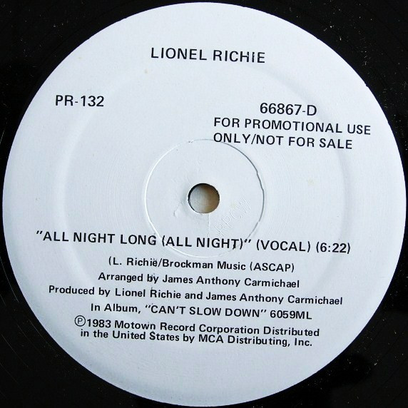 Lionel Richie – All Night Long (All Night) (PROMO COPY) 12" - Curto ...